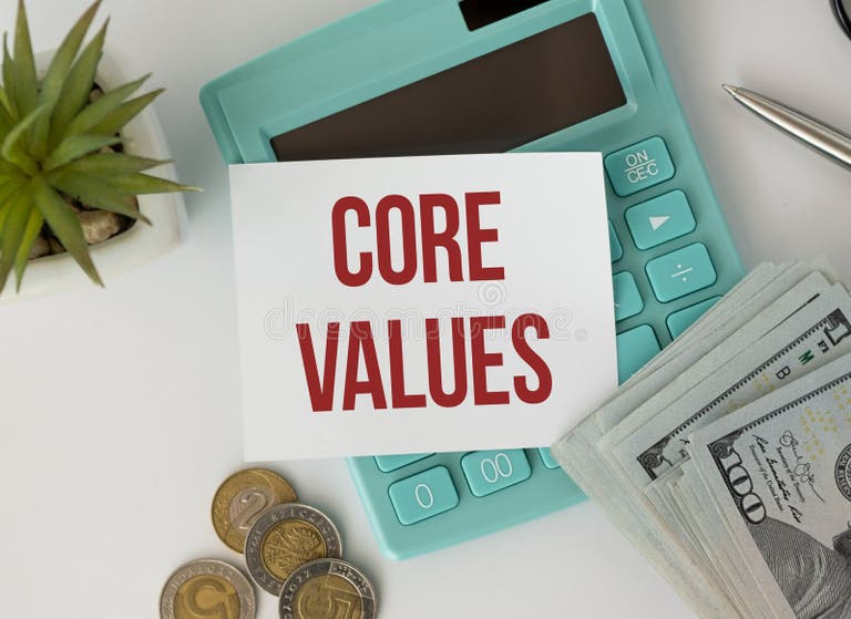 Core Values Text in Notepad in a Folder Near a Yellow Notepad with ...