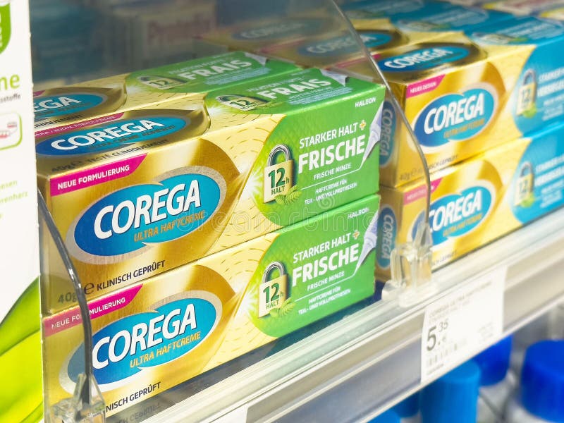 Corega Denture Adhesive Packaging on Supermarket Shelf Editorial ...