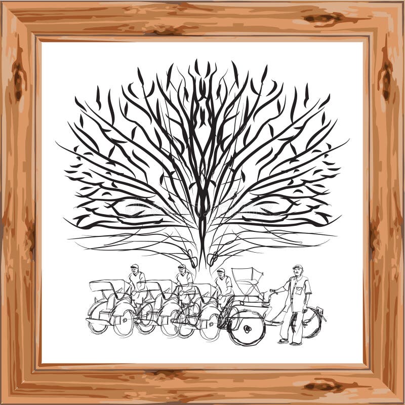 Free Hand Drawing Illustration of a Rickshaw Driver Under a Tree ...