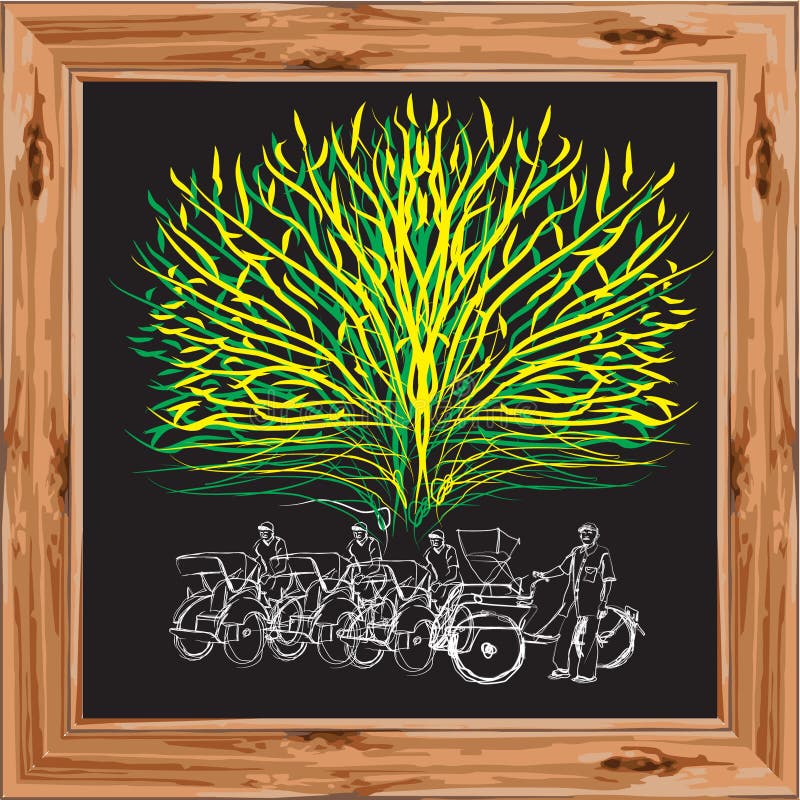 Free Hand Drawing Illustration of a Rickshaw Driver Under a Tree ...