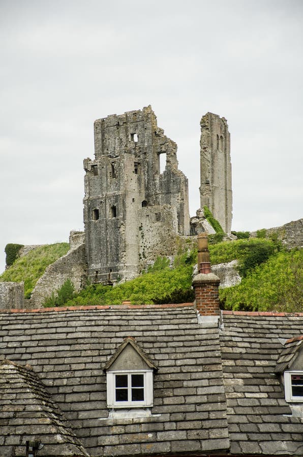 Corfe Castle with Village Roofs Stock Image - Image of dorset, corfe ...
