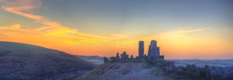 Corfe Castle Winter Sunrise Pre-dawn Colourburst. Stock Image - Image ...