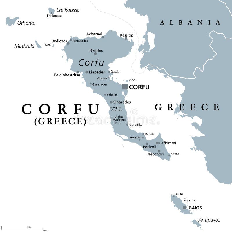 Corfu, Island of Greece, Part of Ionian Islands, Gray Political Map ...