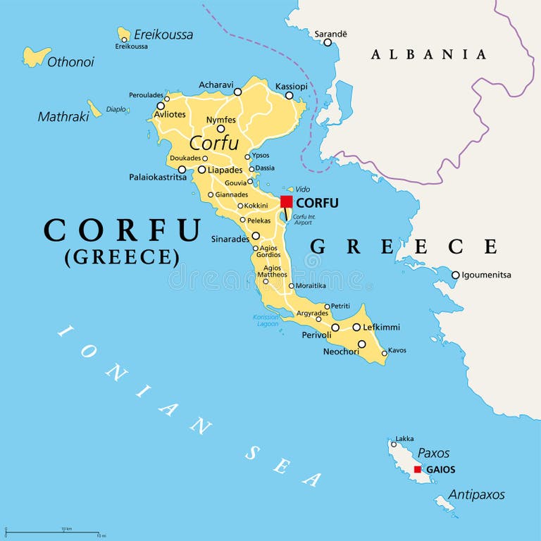 Corfu, Island of Greece and Part of Ionian Islands, Political Map Stock ...