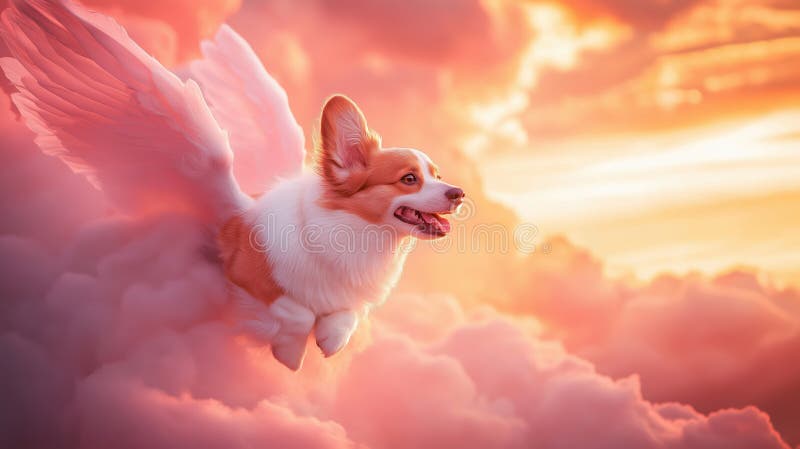 Corgi with Angel Wings Flying through a Pink Cloudscape at Sunset Stock ...