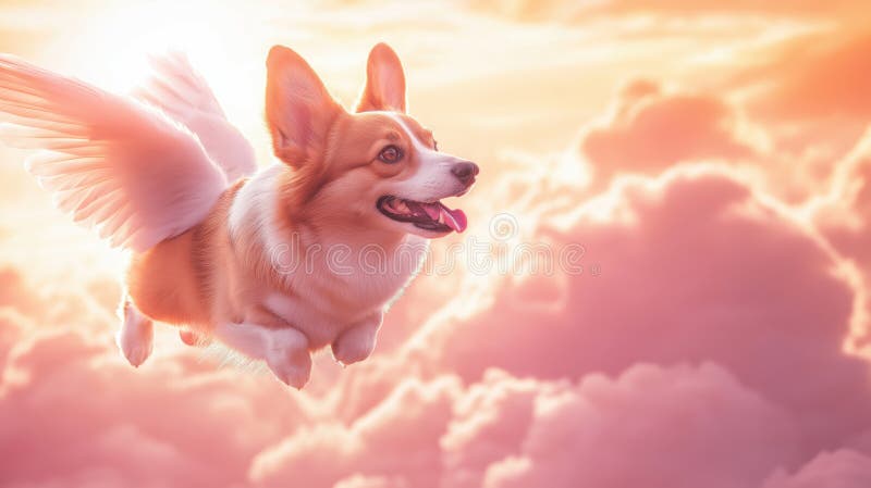 Corgi with Angel Wings Flying in a Sunset Sky with Fluffy Clouds Stock ...