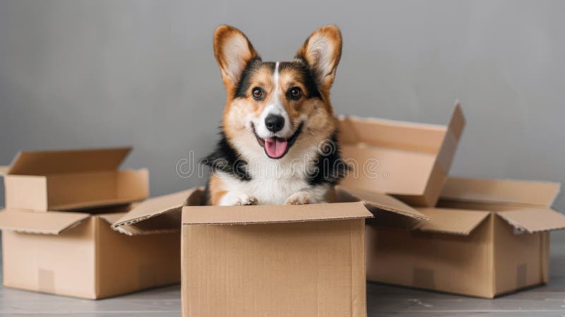 A Corgi in a Cardboard Box. AI Generated Stock Image - Image of playful ...