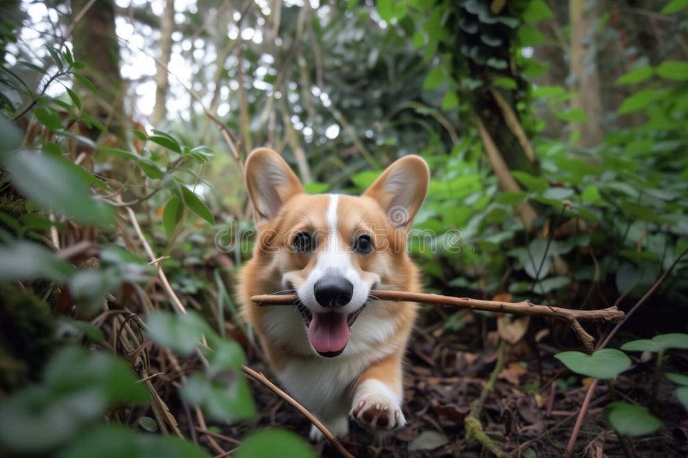 Corgi Catching Stick, Low Angle with Greenery Around Stock Photo ...