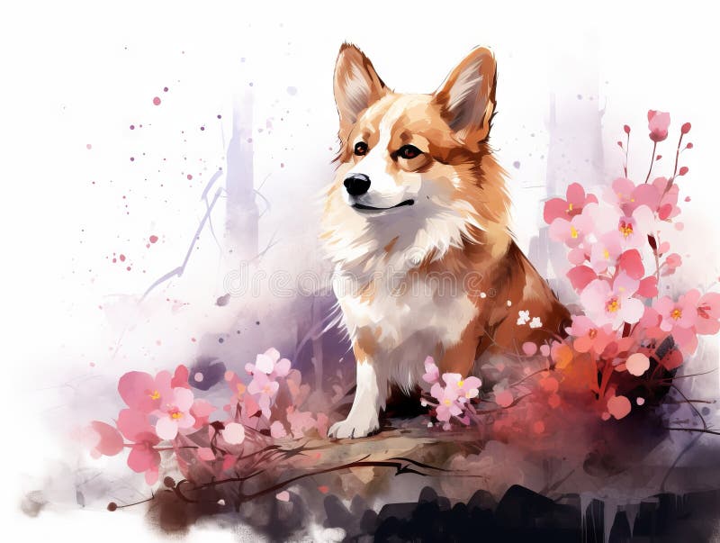Corgi Dog and Cherry Blossom. Watercolor Painting Stock Illustration ... Corgi Dog and Cherry Blossom. Watercolor Painting Stock Illustration ...