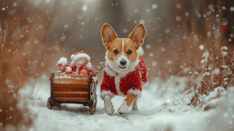 Corgi Dog Dressed As Santa Claus Pulling a Sled in the Snow Stock ...