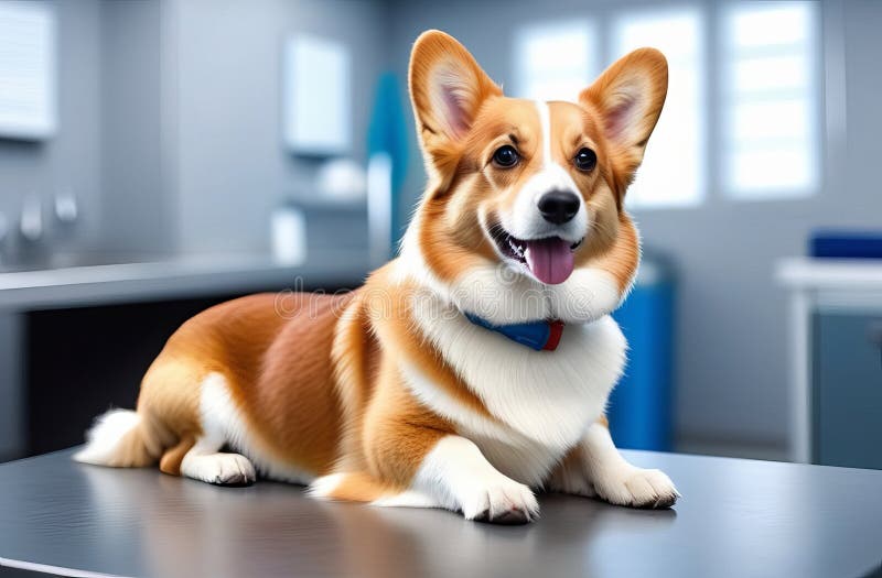 The Corgi Dog Lie on a Table in the Veterinary Office Stock Image ...