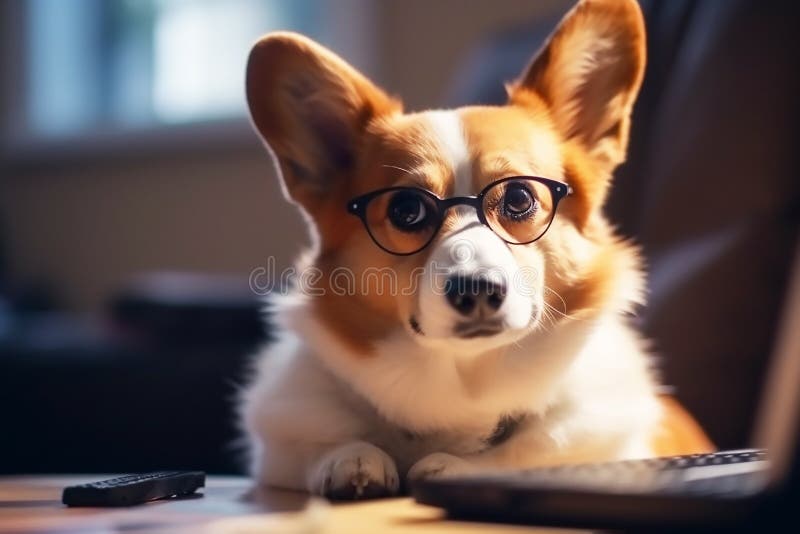 Corgi Dog Looking at Laptop Computer Working in Glasses, Generative AI ...