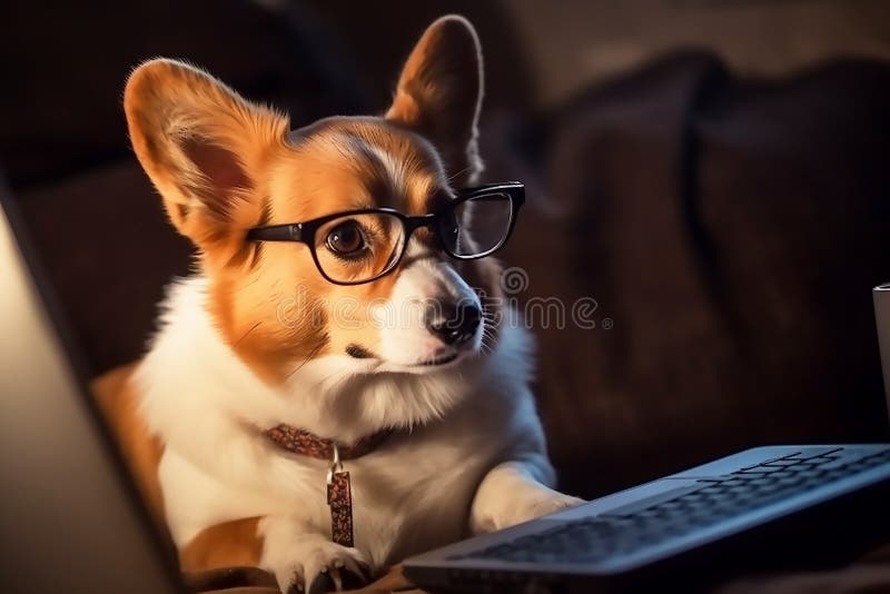Corgi Dog Looking at Laptop Computer Working in Glasses, Generative AI ...