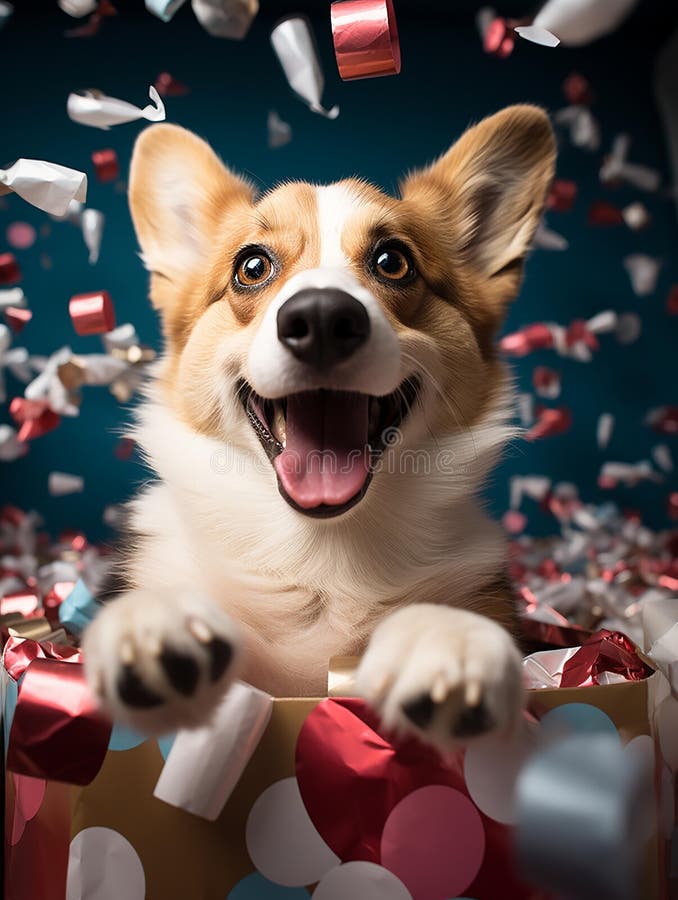 Corgi Dog Play with Colorful Gift Box. AI Generate Stock Illustration ...