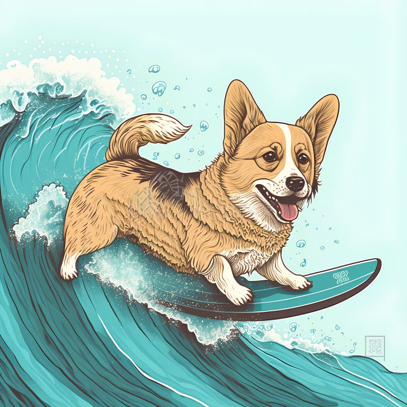 Corgi Dog Surfing on Wave. Vector Hand Drawn Illustration Stock ...