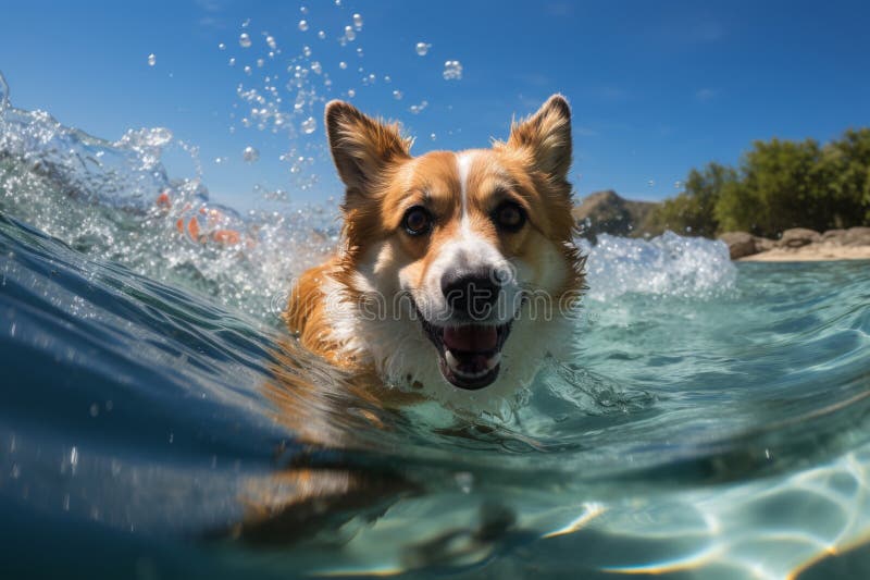 Corgi Dog Swimms through the Water and Splashes in the Waves Sea Stock ...