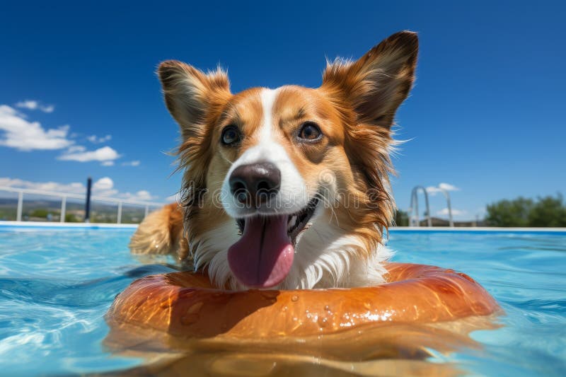 Corgi Dog Swims on an Inflatable Ring in Clear Pool Water Stock ...