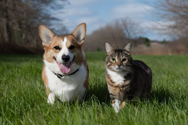 Corgi Dog and Tabby Cat Enjoy Sunny Spring Meadow Stock Illustration ...