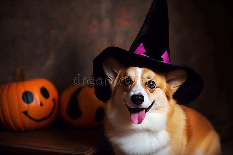 Corgi Dog Wearing Halloween Witch Hat, AI Generative Stock Illustration ...