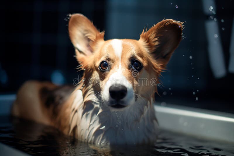 Corgi Dog with Wet Coat Standing in the Full Bath. Pet Bathing Process ...