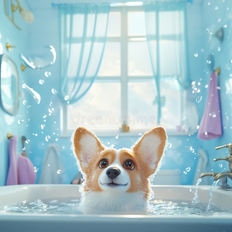 Corgi Enjoying Bath Time in Bright Blue Bathroom with Bubbles and ...