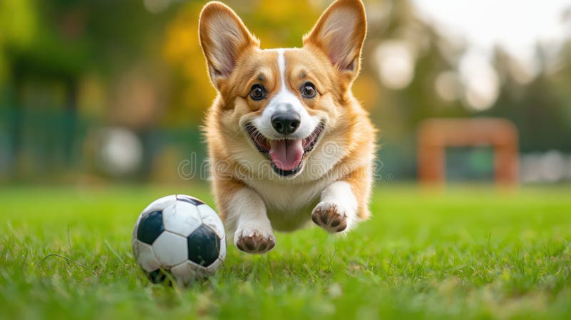Corgi Joyfully Playing with a Soccer Ball on a Sunny Day Outdoors Stock ...