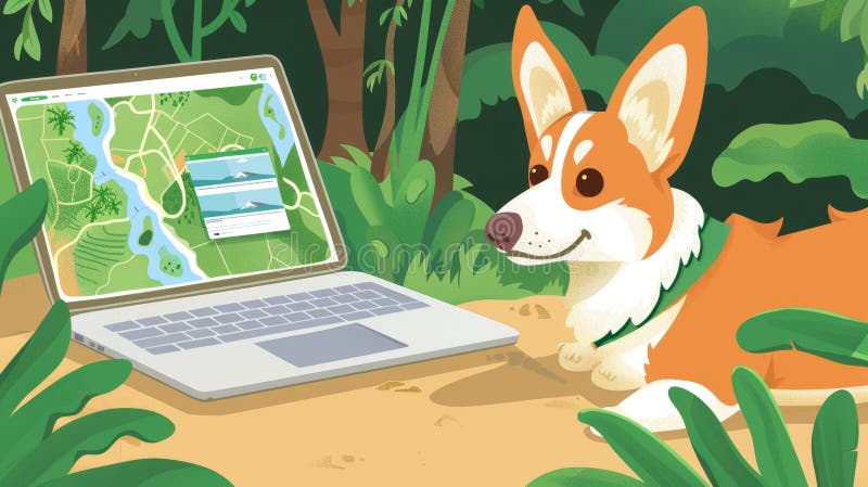 Corgi in a Jungle Setting with Laptop Displaying a Map for Adventure ...