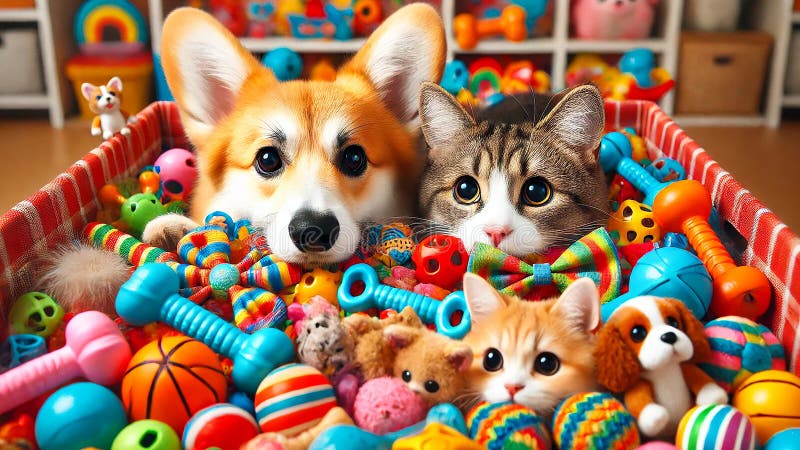 Corgi and Munchkin Cat Exploring a Toy Box Stock Illustration ...