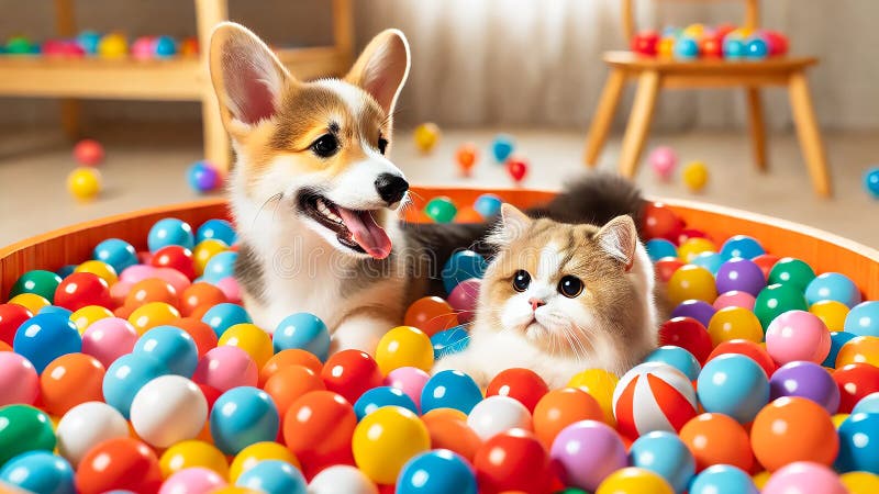Corgi and Munchkin Cat Playing in a Small Ball Pit Stock Illustration ...
