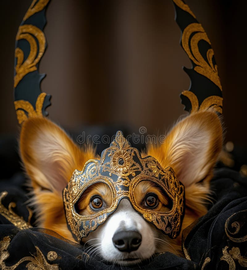 Corgi in Ornate Black and Gold Masquerade Mask with Dramatic Backdrop ...