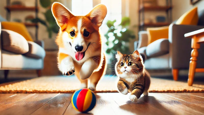Corgi Pulling on a Squeaky Toy while a Munchkin Cat Playfully Paws at ...