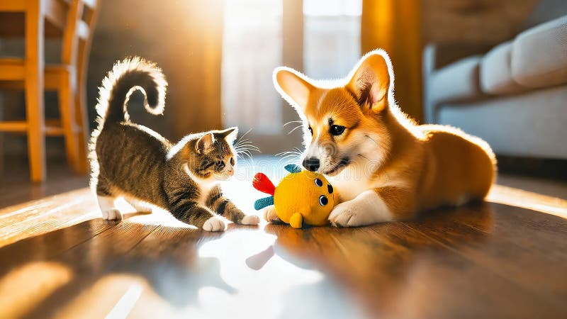 Corgi Pulling on a Squeaky Toy while a Munchkin Cat Playfully Paws at ...