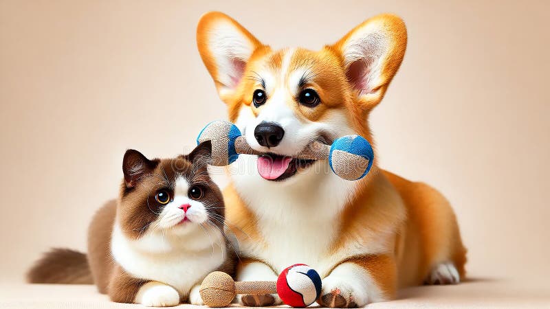 Corgi Retrieving a Toy and Bringing it To a Munchkin Cat Stock ...