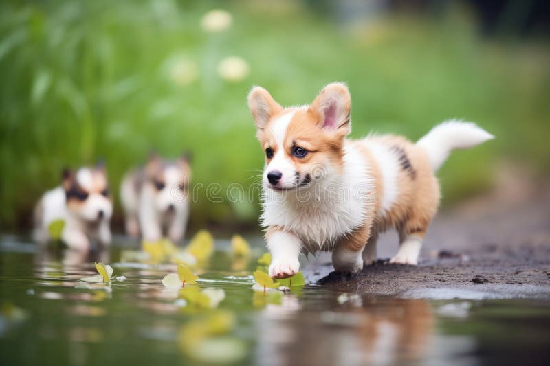 Corgi Rounding Up Ducks by a Pond Stock Illustration - Illustration of ...