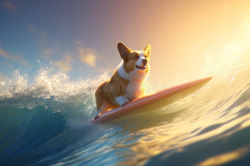 Corgi Surfboard Sunrise. Generate Ai Stock Illustration - Illustration ...