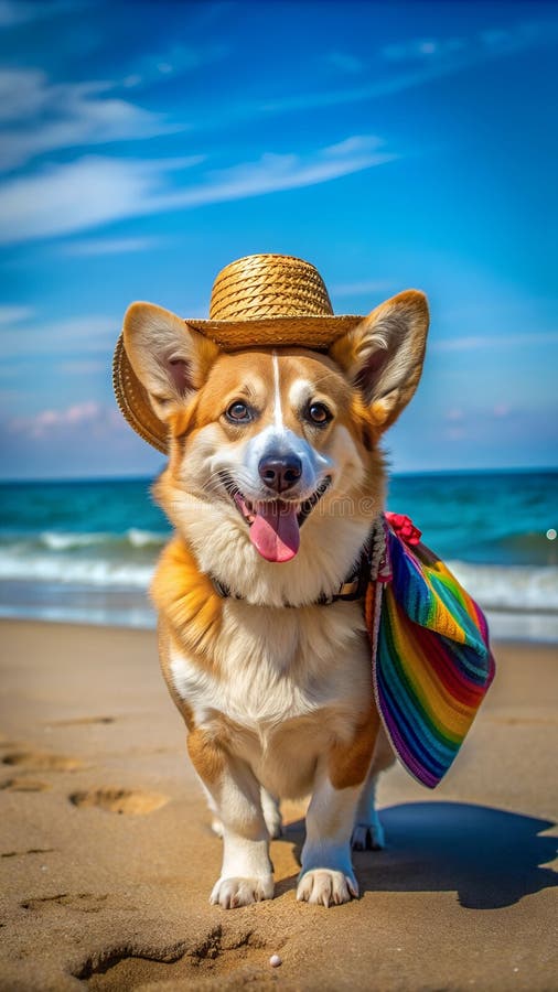 Corgidor dog goes beach stock illustration. Illustration of decoration ...