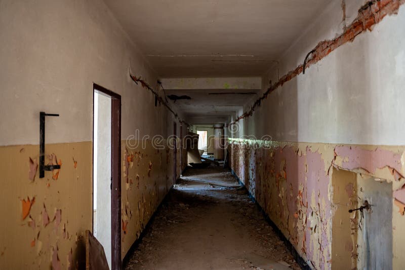 Coridor and Flaking Paint at Abandoned Derelict Old Building. Empty ...