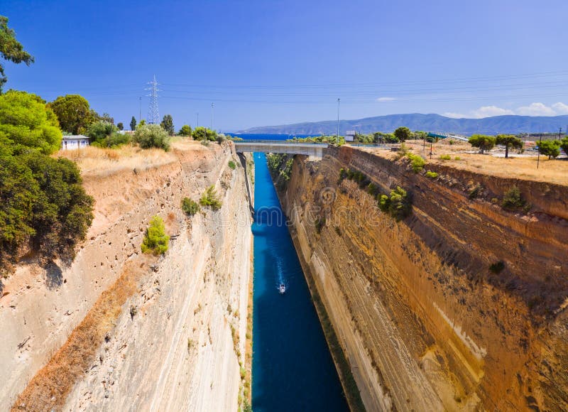 Corinth Channel in Greece and Greek Flag on Ship Stock Photo - Image of ...