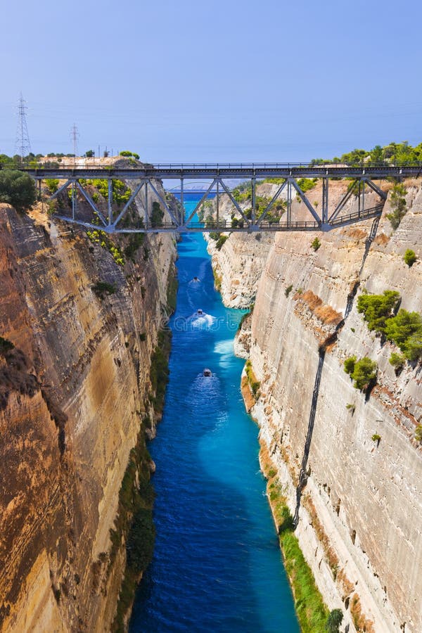Corinth Channel in Greece and Greek Flag on Ship Stock Photo - Image of ...