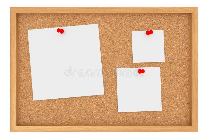 Cork Board with Three Blank Sheets of Paper Isolated on White ...
