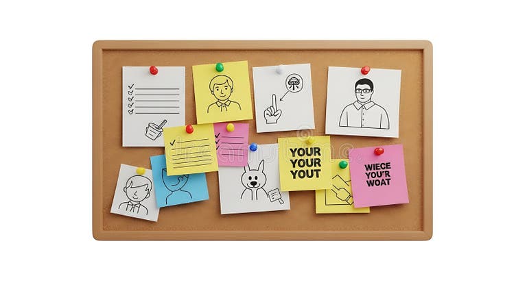 Cork Board with Assorted Sticky Notes and Drawings Attached with Push ...