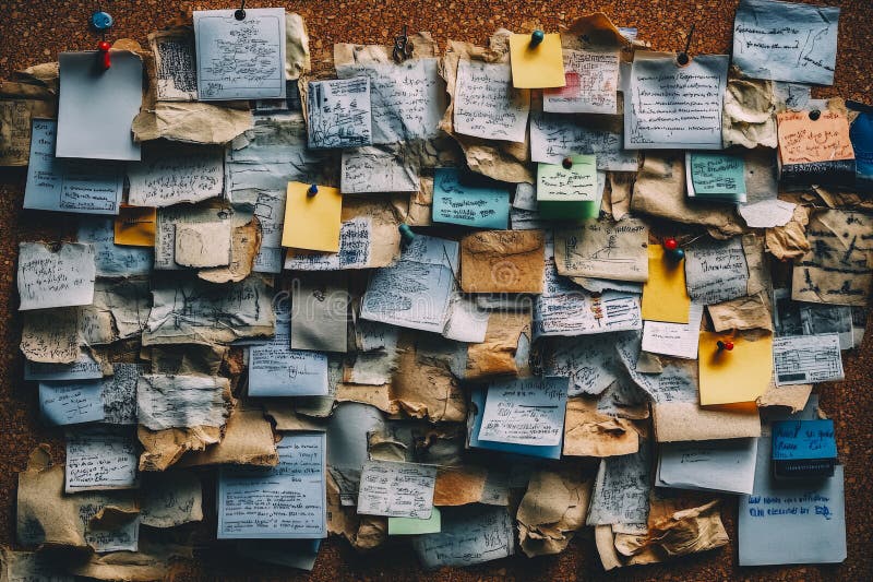 Cork Bulletin Board Cluttered with Colorful Notes and Memos Stock Photo ...