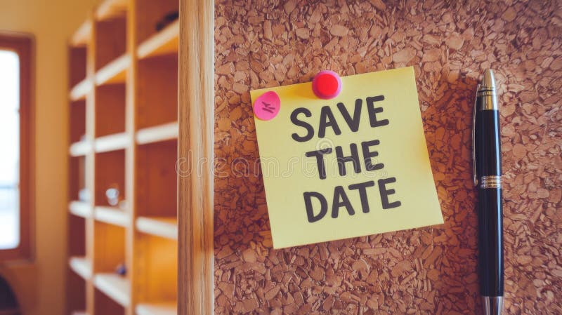 Cork Bulletin Board with Sticky Note Saying "Save the Date," Room for ...