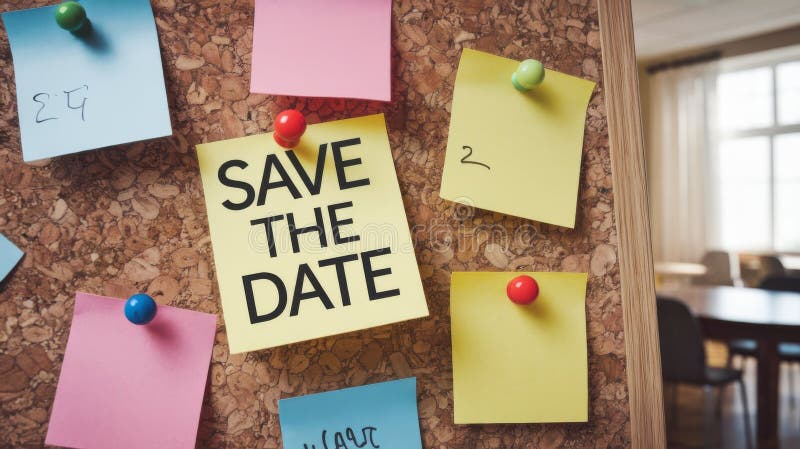 Cork Bulletin Board with Sticky Note Saying "Save the Date," Room for ...