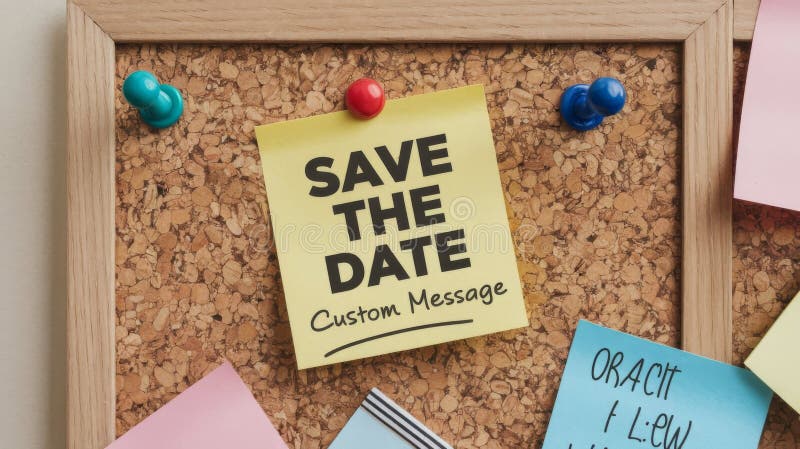Cork Bulletin Board with Sticky Note Saying "Save the Date," Room for ...