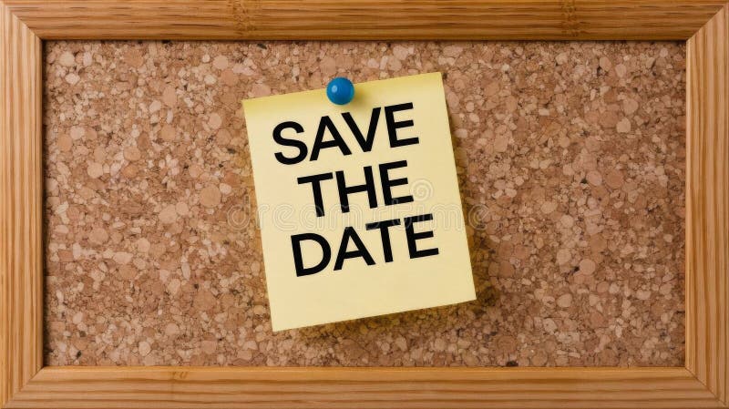Cork Bulletin Board with Sticky Note Saying "Save the Date," Room for ...