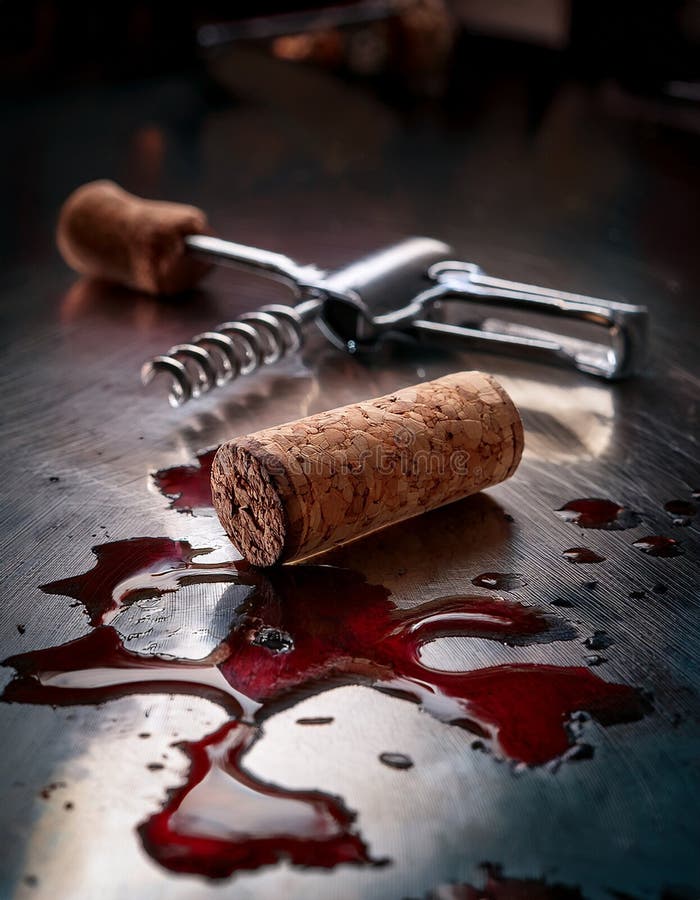 Cork and Corkscrew with Spilled Red Wine on Metal Surface Stock ...
