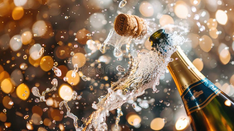 Champagne Bottle Opening with Cork Exploding, Bubbles and Splashes Captured in Motion, Festive ...