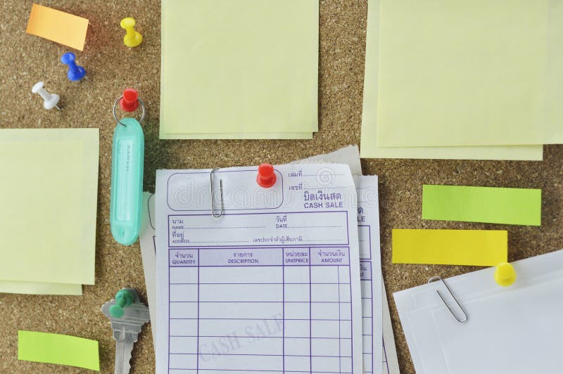 Cork Message Board with Receipt and Paper Notes Stock Image - Image of ...
