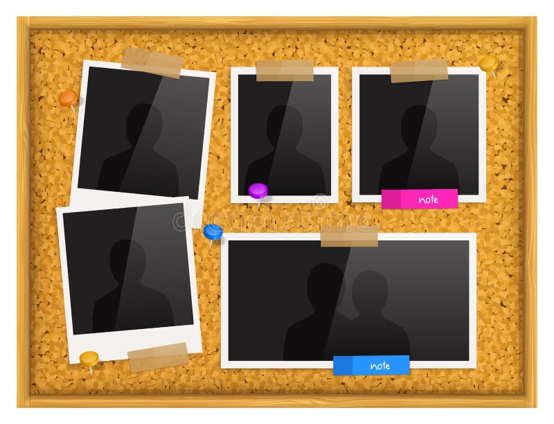Cork Notice Board with Photo Frames, Push Pins and Scotch Tape. Vector ...